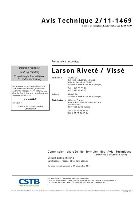 Avis Technique 2/11-1469 Larson RivetÃƒÂ© / VissÃƒÂ© - CSTB