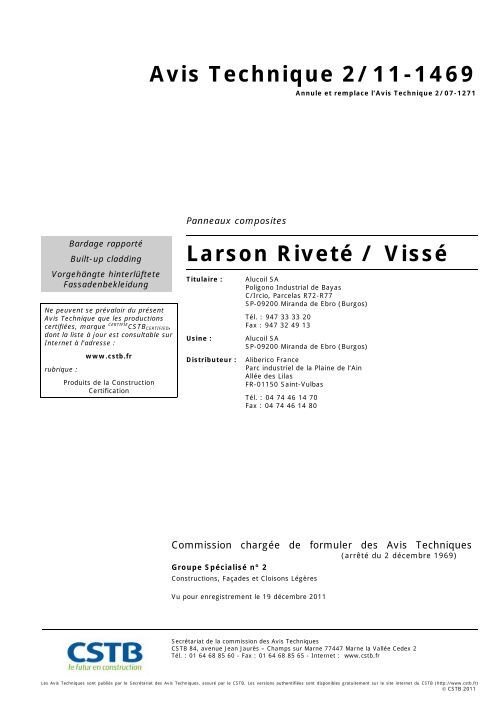 Avis Technique 2/11-1469 Larson RivetÃƒÂ© / VissÃƒÂ© - CSTB