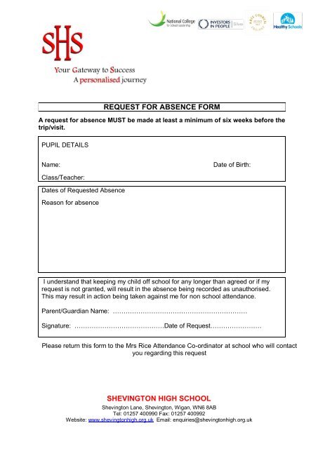 SHEVINGTON HIGH SCHOOL REQUEST FOR ABSENCE FORM