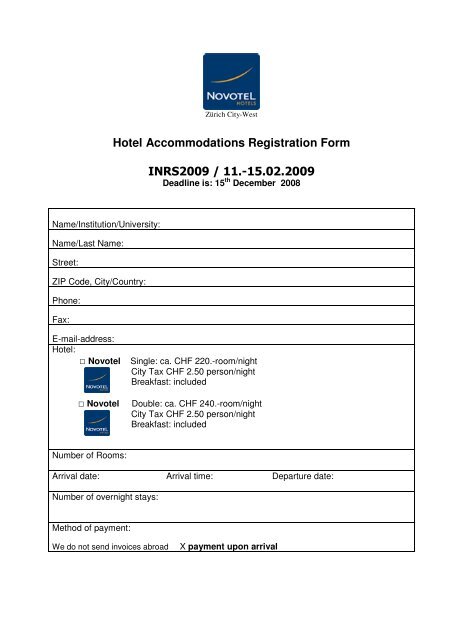 Hotel Accommodations Registration Form INRS2009 / 11.-15.02.2009
