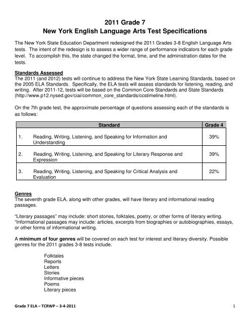 2011 Grade 7 New York English Language Arts Test Specifications