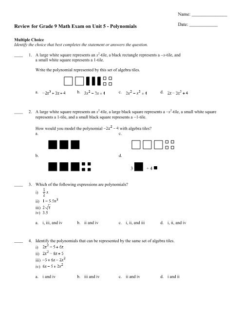 Review For Grade 9 Math Exam On Unit 5 Polynomials