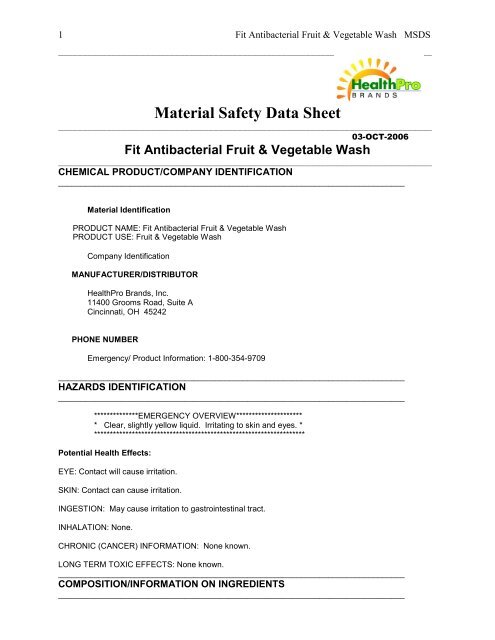 Material Safety Data Sheet (MSDS) - Fit Fruit and Vegetable Wash