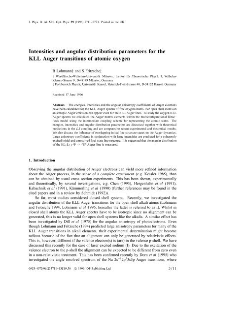 Intensities and angular distribution parameters for the KLL Auger ...
