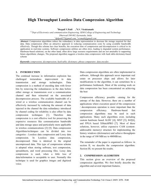 High Throughput Lossless Data Compression Algorithm - IRD India