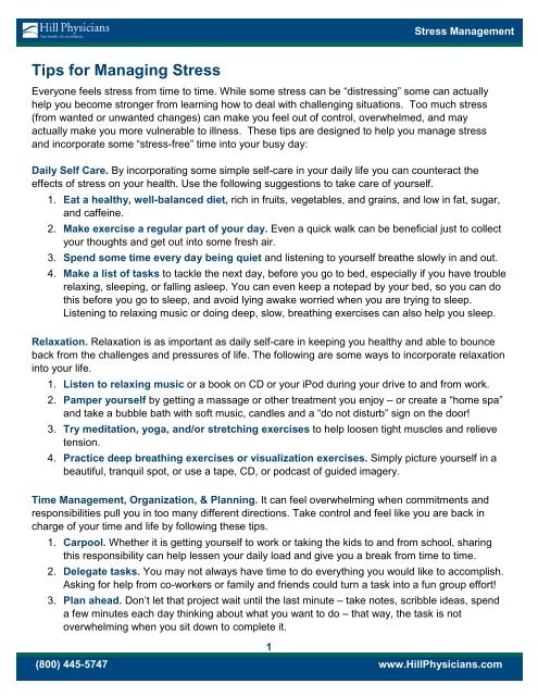 Stress Management Tip Sheet - Hill Physicians Medical Group