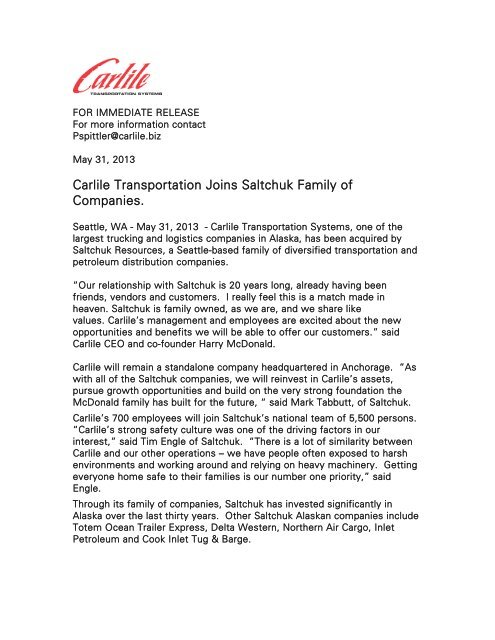 Carlile Sale Press Release - FINAL - Carlile Transportation Systems