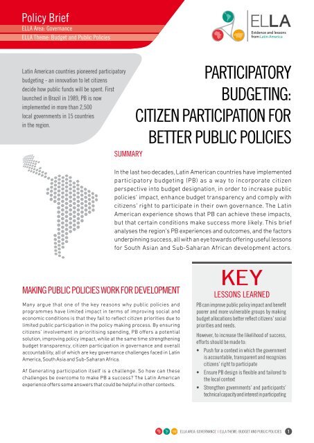 Participatory Budgeting: Citizen Participation for Better Public ... - ELLA