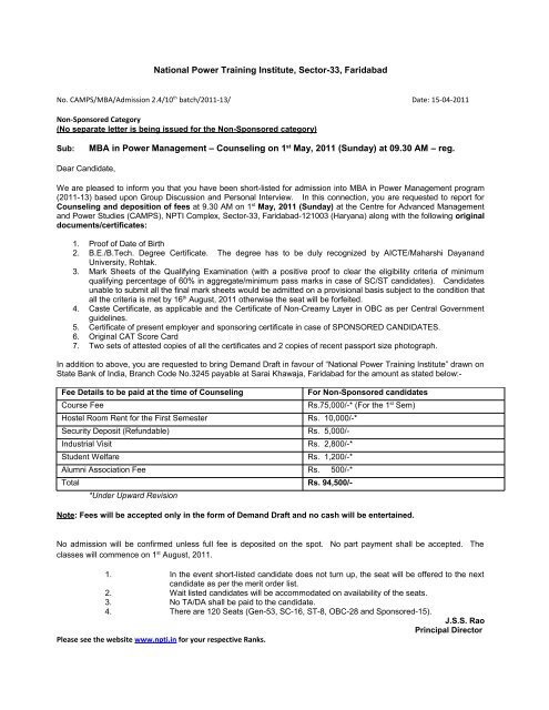 MBA (Power Management) - NPTI