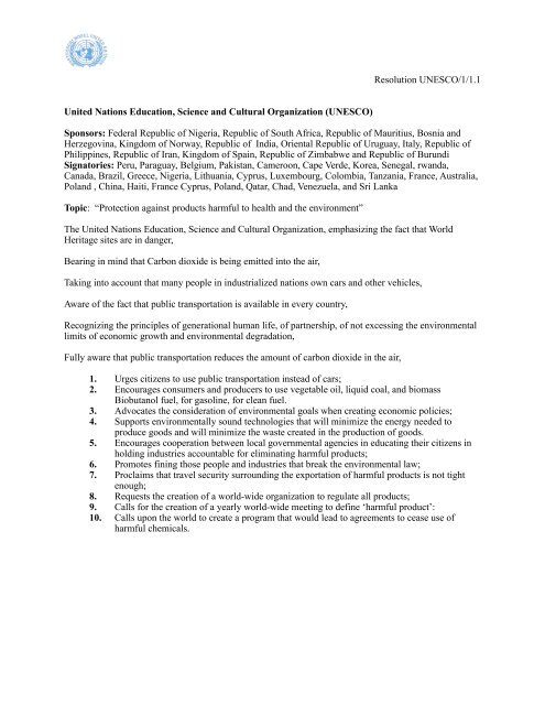 UNESCO RESOLUTIONS 2011 - Montessori Model United Nations