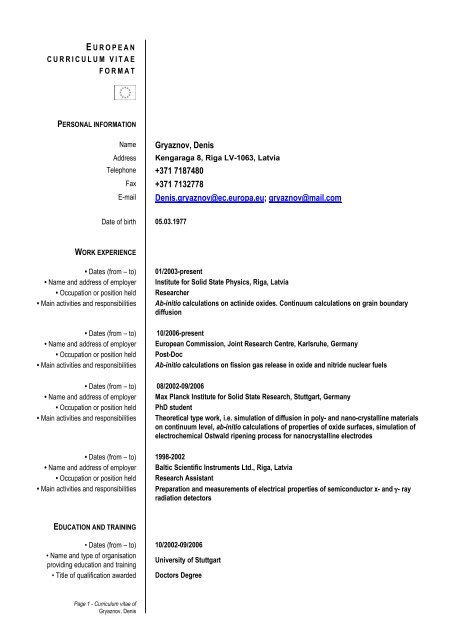 CV-gryaznov - Institute of Solid State Physics (ISSP), Riga, Latvia