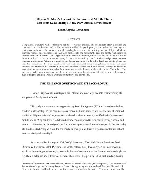 Filipino Children Uses of the Internet and Mobile Phone - The Asian ...