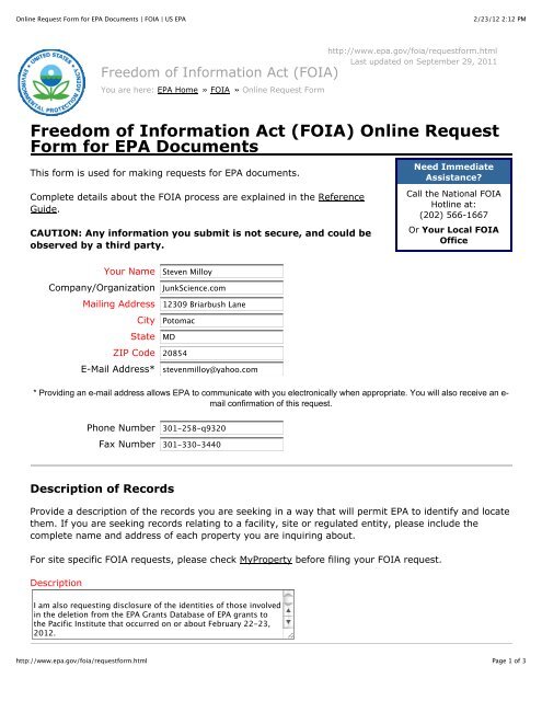 Online Request Form for EPA Documents | FOIA | US ... - Junk Science
