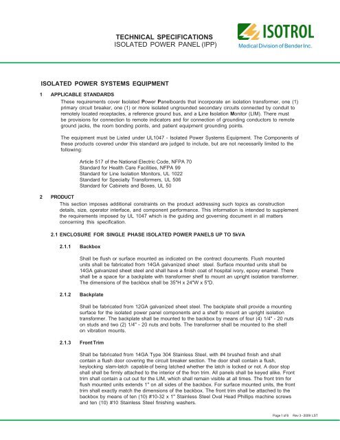 technical specifications isolated power panel (ipp) - Bender