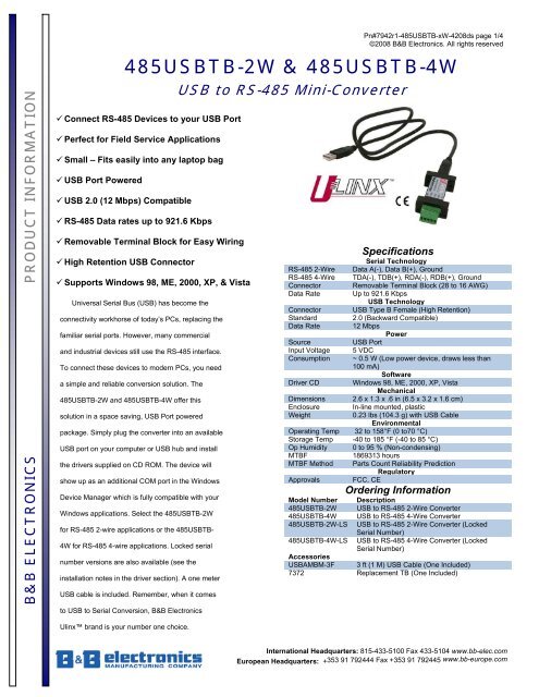 485USBTB-2W, 485USBTB-4W - Datasheet - USB to RS-485 Mini ...