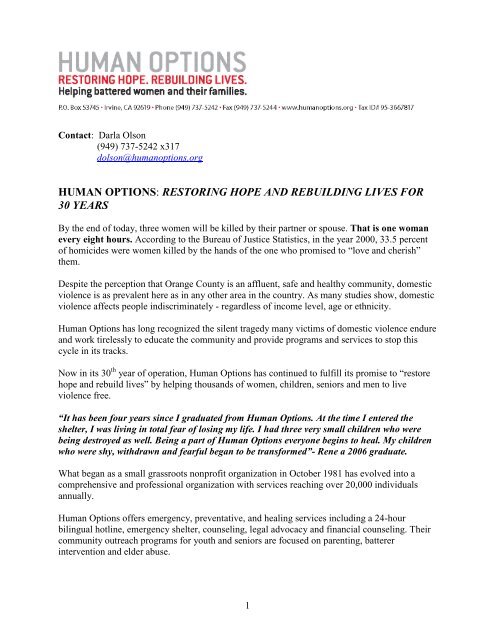 Human Options 30th Anniversary Press Release