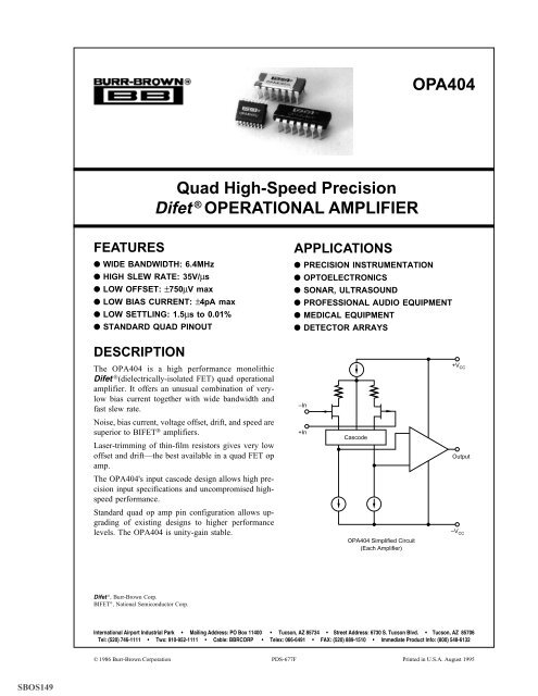 Quad High Speed Precision Difet® Operational ... - Pi Speakers