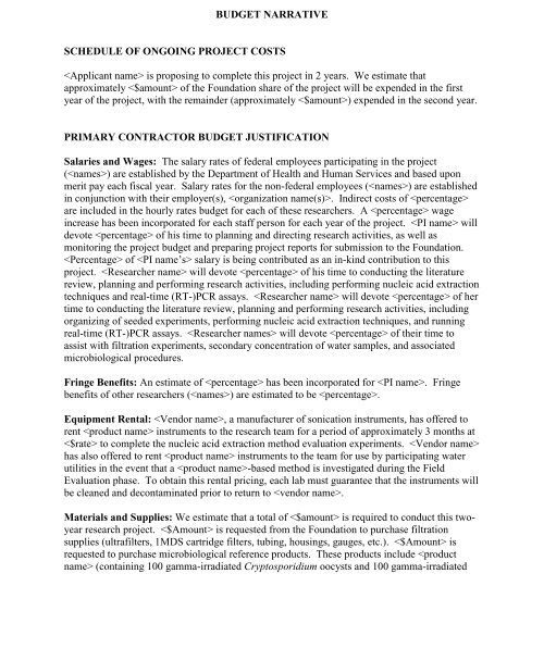 Sample Budget Narrative Water Research Foundation Sample Budget Narrative Water Research Foundation