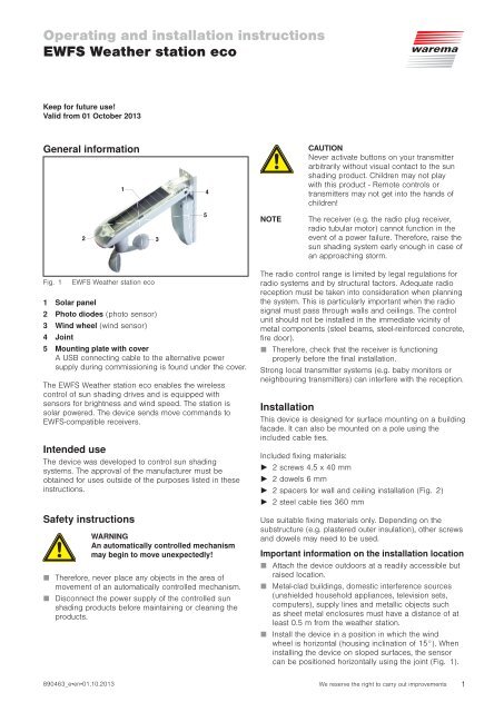 Operating and installation instructions EWFS Weather ... - Warema