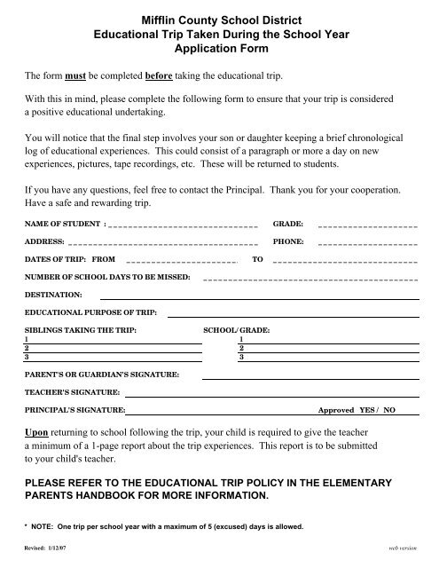 Educational Trip During School Year Application Form - Mifflin ...