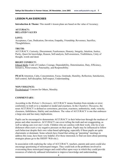 lesson plan exercises - Sathya Sai Education in Human Values