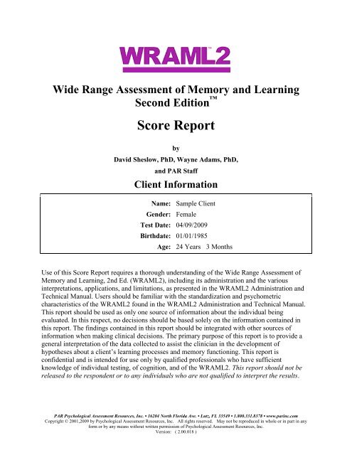 WRAML2 - Score Report - Psychological Assessment Resources, Inc.
