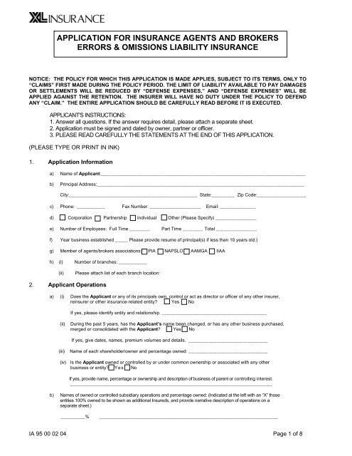 application for insurance agents and brokers errors ... - XL Group