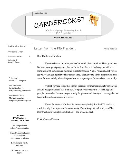 Letter from the PTA President - Carderock Springs PTA