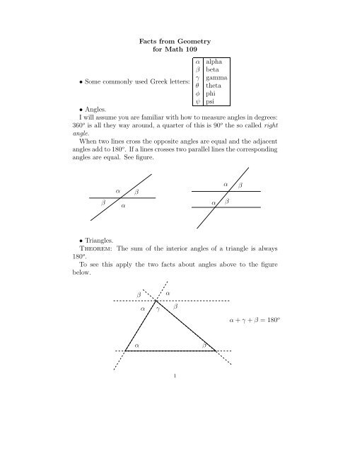Facts from Geometry for Math 109 â ¢ Some ... - Michael Sullivan
