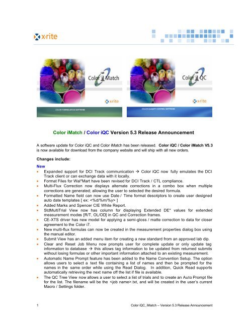 Color iMatch / Color iQC Version 5.3 Release Announcement - X-Rite