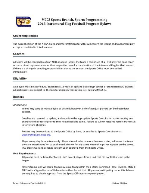 2013 Men's Intramural Football Bylaws - MCCS Camp Lejeune