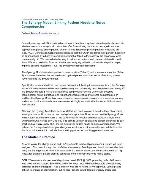 Critical Care Nurse The Synergy Model: Linking Patient Needs