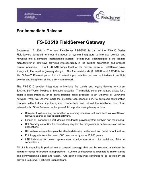FS-B3510 Multichannel Gateway Introduced - FieldServer ...