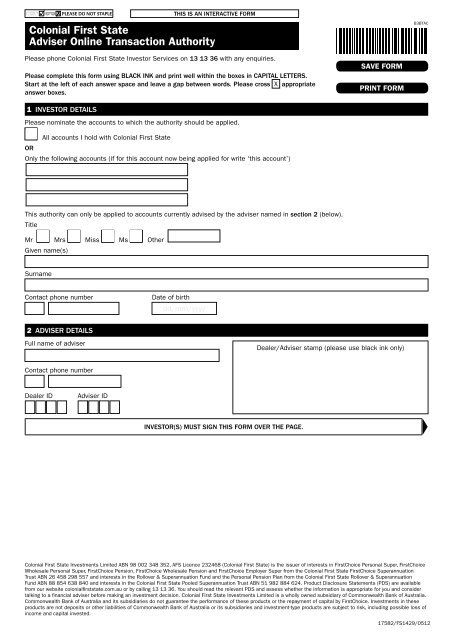 Colonial First State Adviser Online Transaction Authority