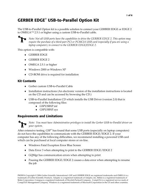 GERBER EDGE® USB to Parallel Option Kit - Gerber Scientific ...
