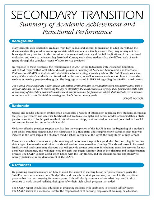 Summary of Academic Achievement and Functional Performance
