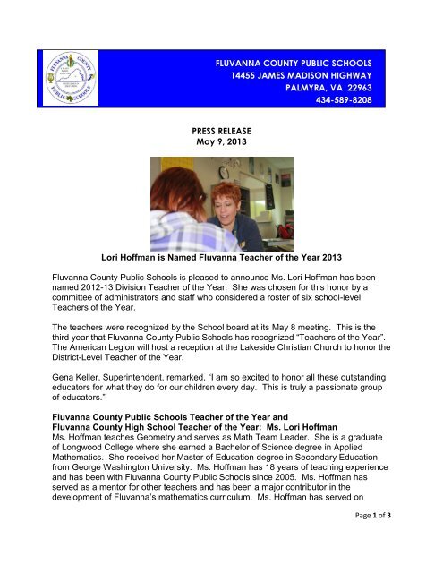 Fluvanna Teacher of the Year 2013 - Fluvanna County Public Schools
