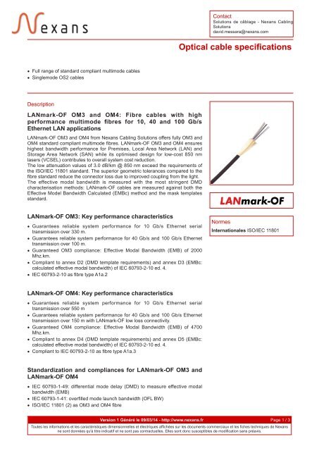 Optical cable specifications - Nexans