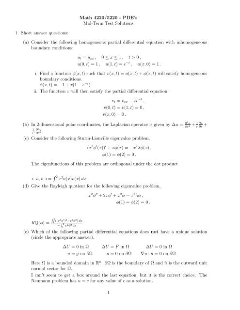 Math 4220/5220 - PDE's Mid-Term Test Solutions 1. Short answer ...