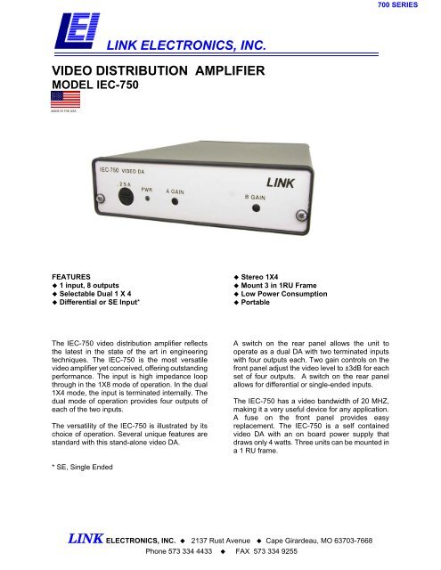 link electronics, inc. video distribution amplifier model iec-750