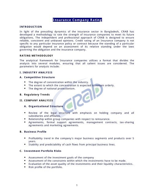 Insurance Company Rating - Credit Rating Agency of Bangladesh