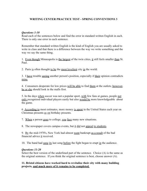 WRITING CENTER PRACTICE TEST - SPRING CONVENTIONS 1