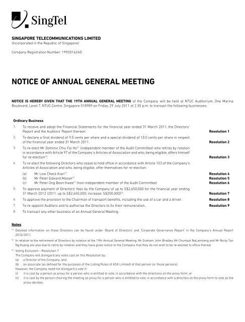 NOTICE OF ANNUAL GENERAL MEETING SingTel notice-of-annual-general-meeting-singtel