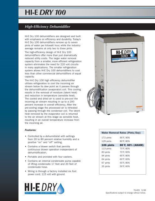 HI-E DRY 100 Spec Sheet - Therma-Stor Products