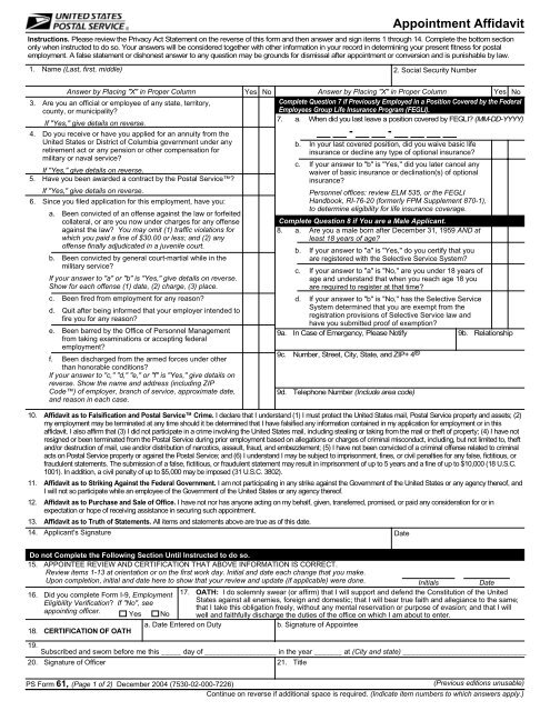PS Form 61, Appointment Affidavit - NALC Branch 78