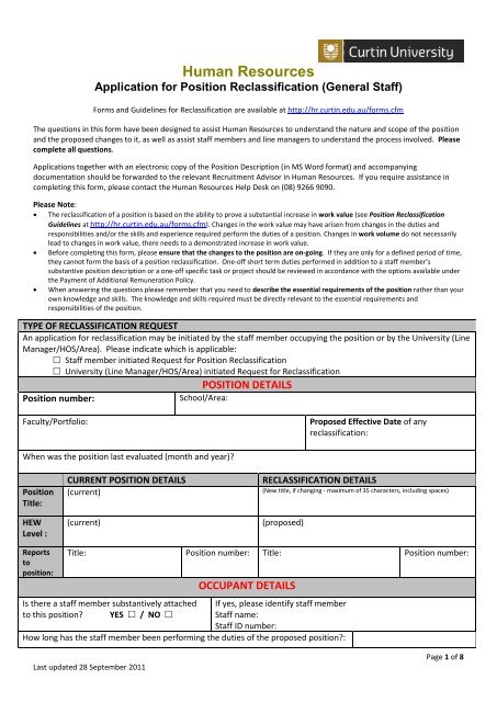 Application for Position Reclassification Form - Human Resources
