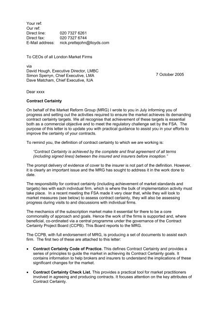 Letter from Nick Prettejohn - London Market Group