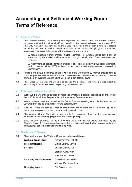Accounting and Settlement Working Group Terms of Reference