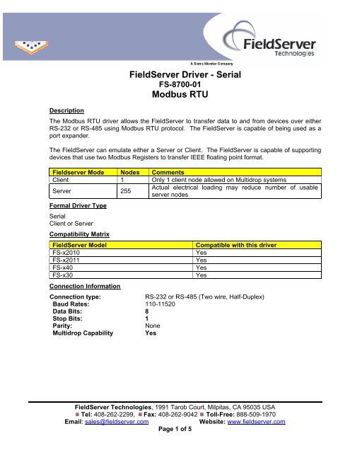FieldServer Driver - Serial Modbus RTU - Chipkin Automation Systems
