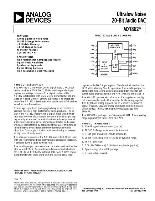AD1862* Ultralow Noise 20-Bit Audio DAC